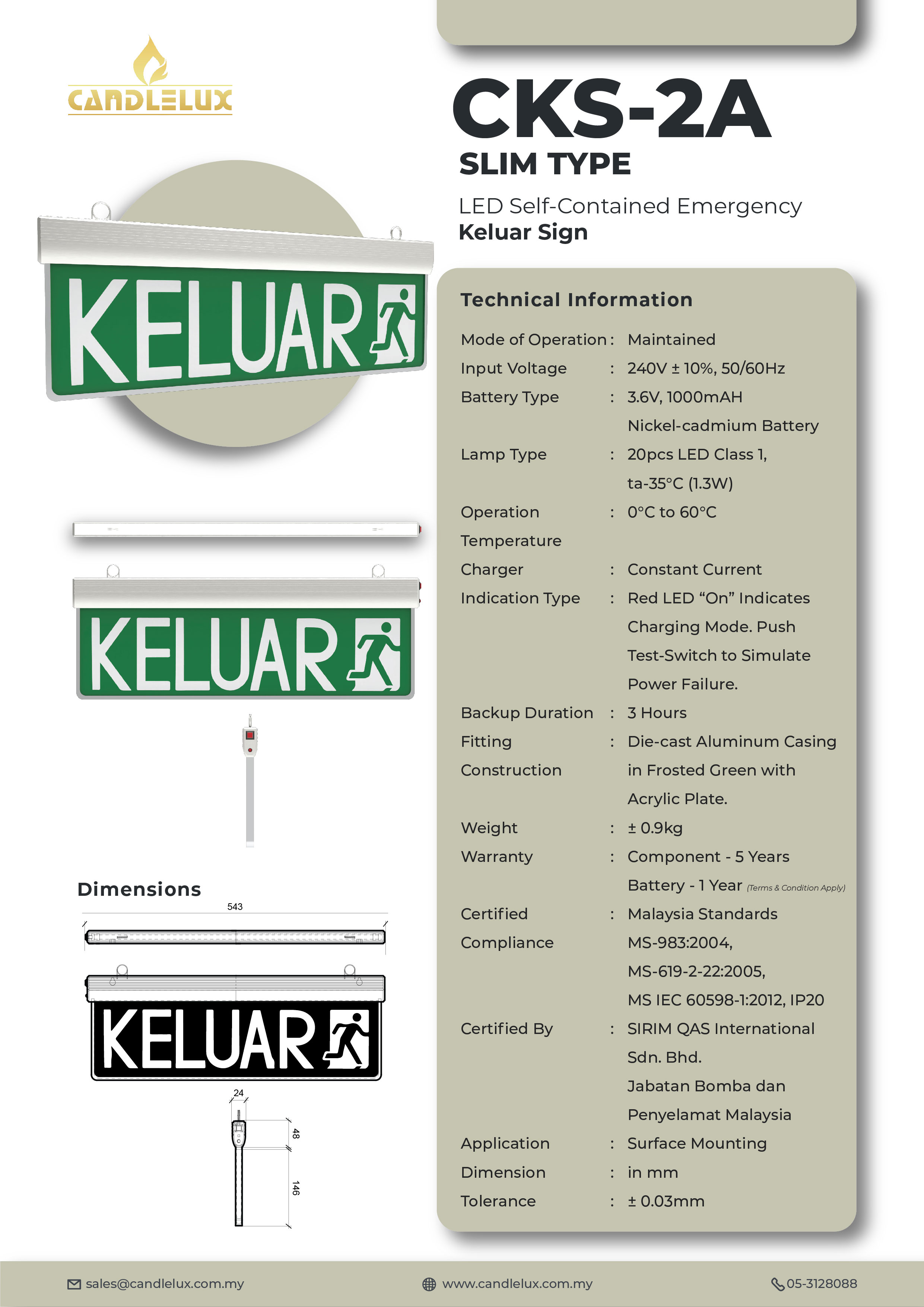Led Self-Contained Emergency Keluar Sign, Slim Type CKS-2A